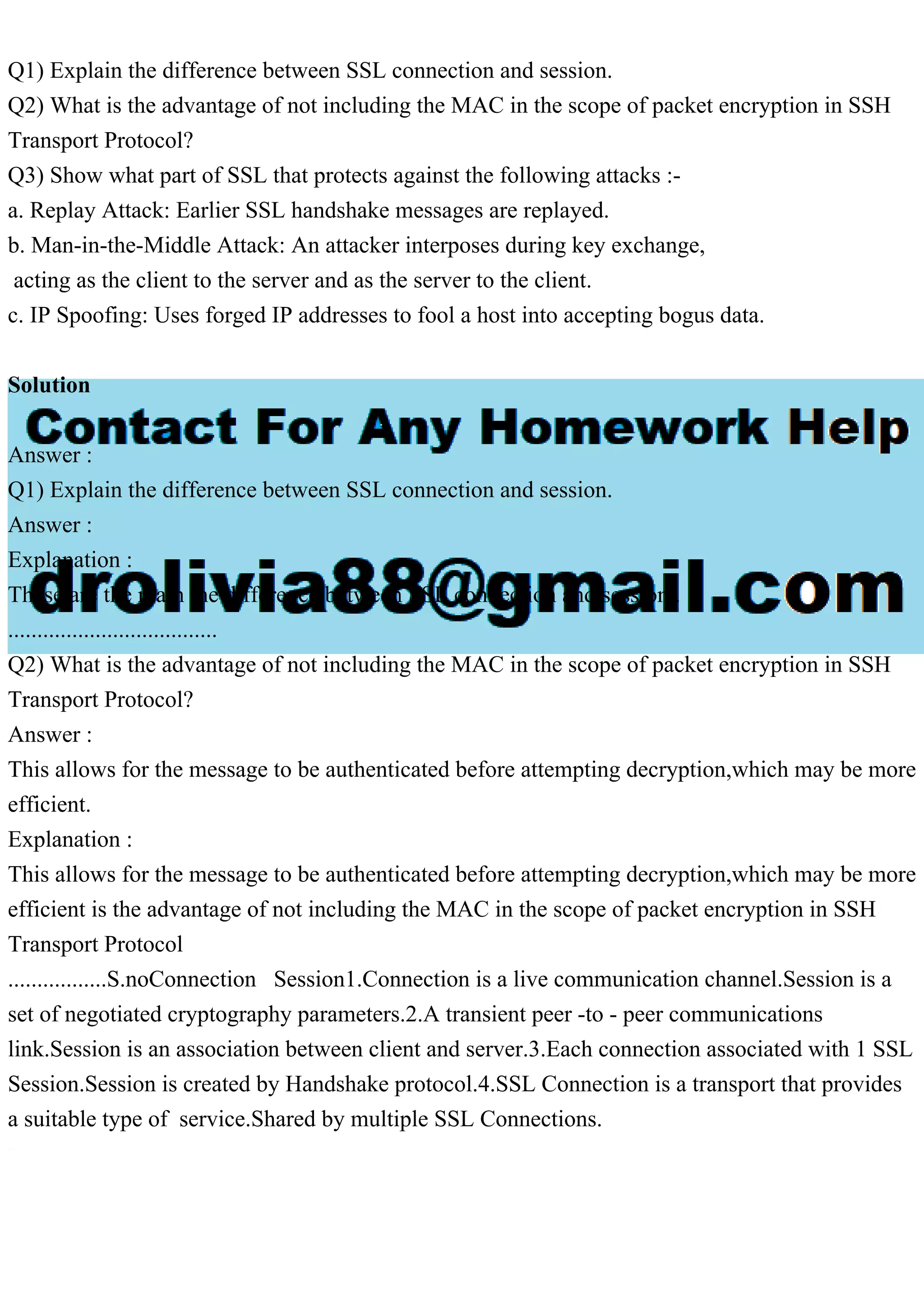 Q1) Explain the difference between SSL connection and session.Q2) .pdf