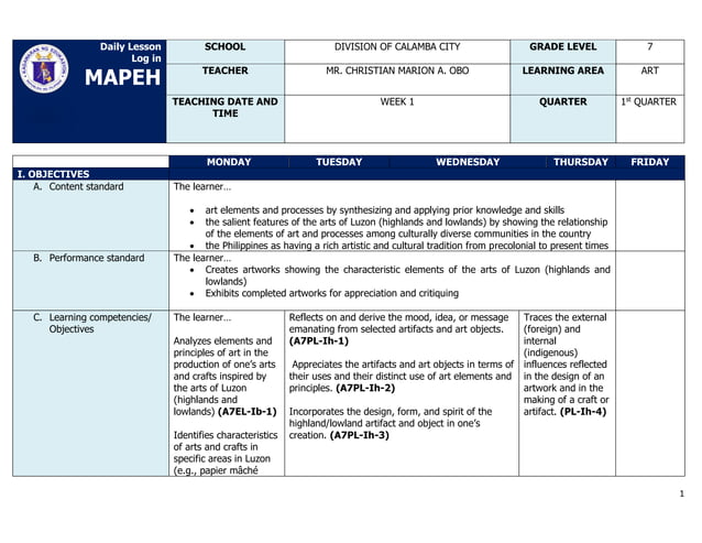 Q1 Grade 7 ARTS DLL Week 1.pdf | Arts and Crafts | Hobbies & Interests
