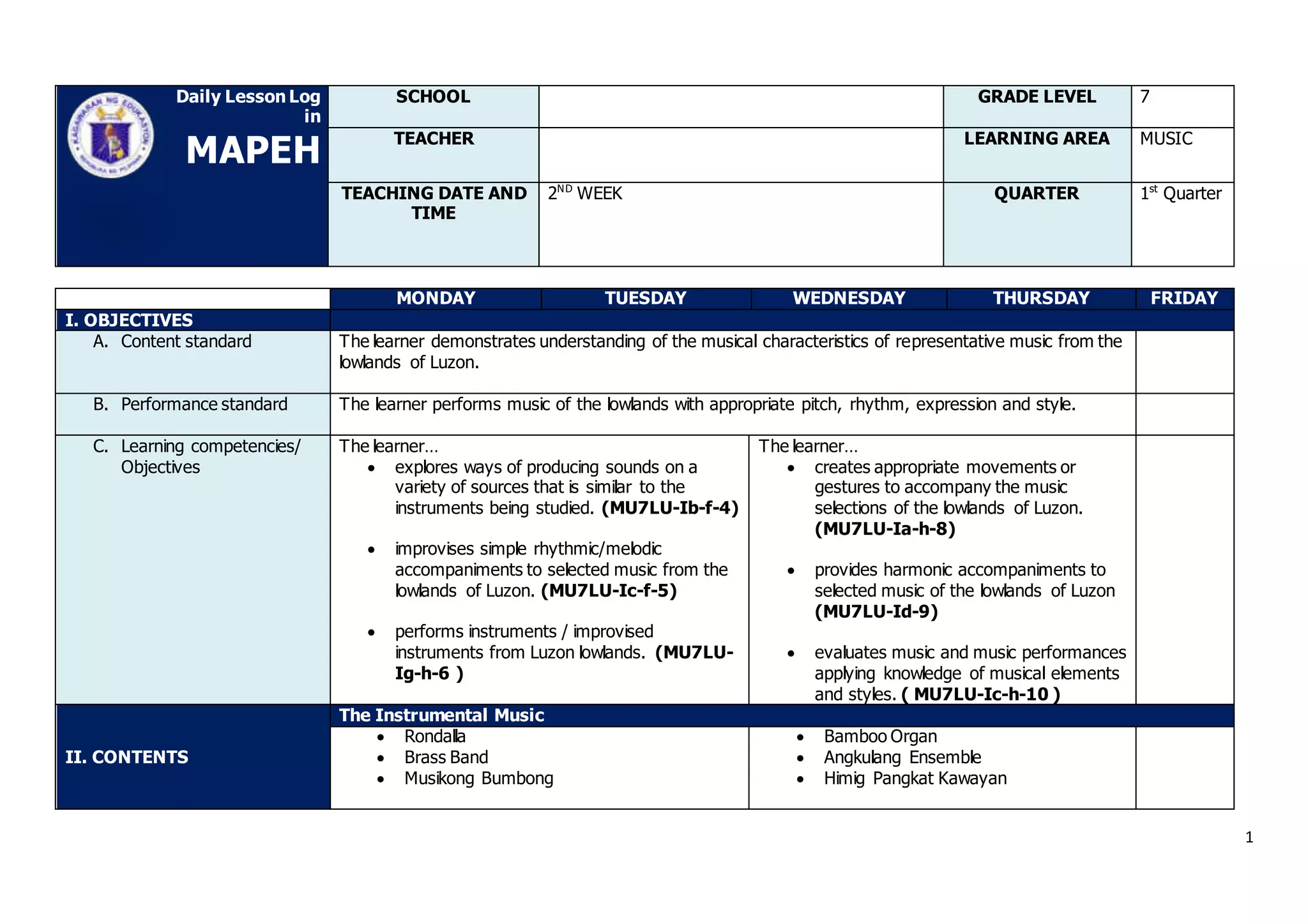 Q1 grade 7 music dll week 1 | DOCX