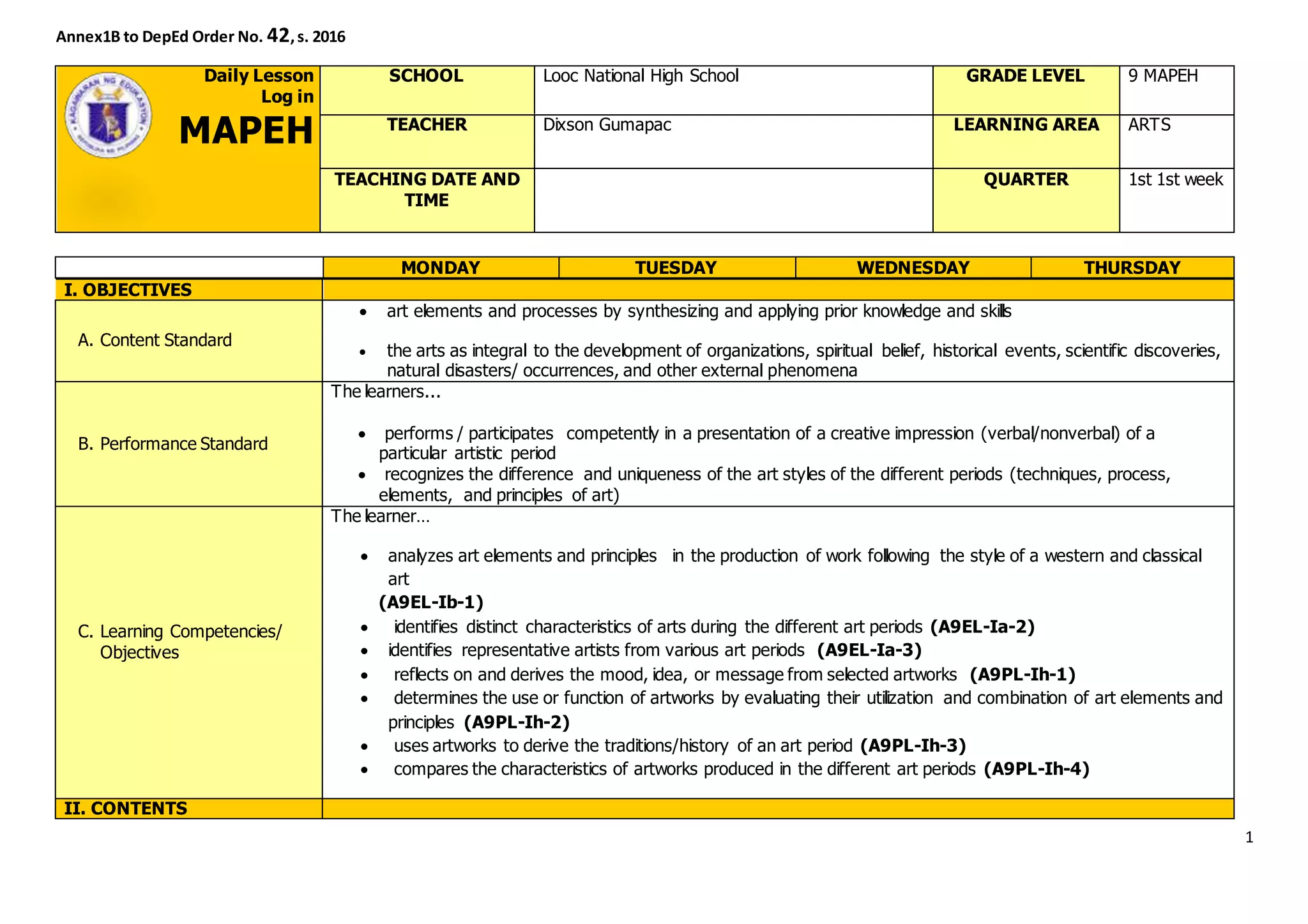 Q1 grade 9 arts dll week 1 | DOCX