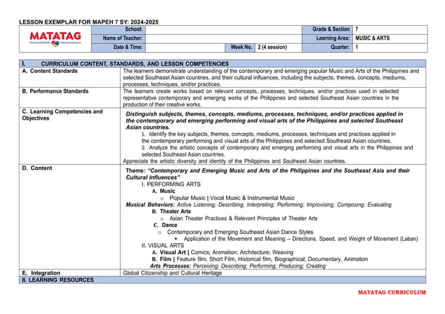 Matatag Lesson Exemplar for MAPEH Music and Arts 2.docx