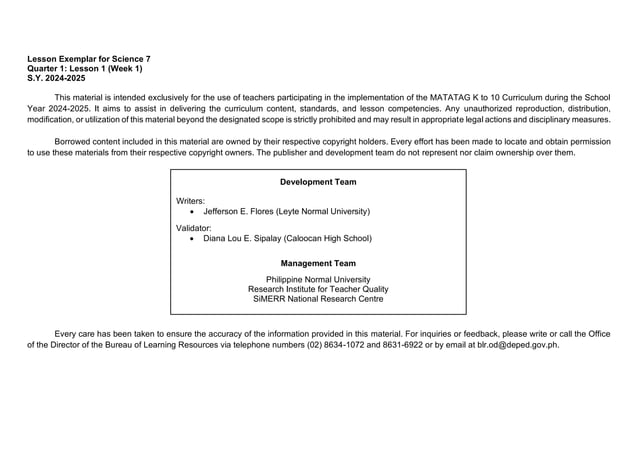 Q1_LE_Science 7_Lesson 1_Week 1.matatags | PDF | Physics | Science