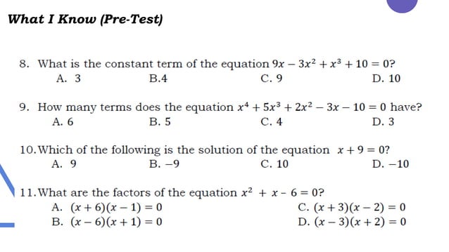 MATHEMATICS 10 QUARTER 1 POLYNOMIAL EQUATION | PPTX
