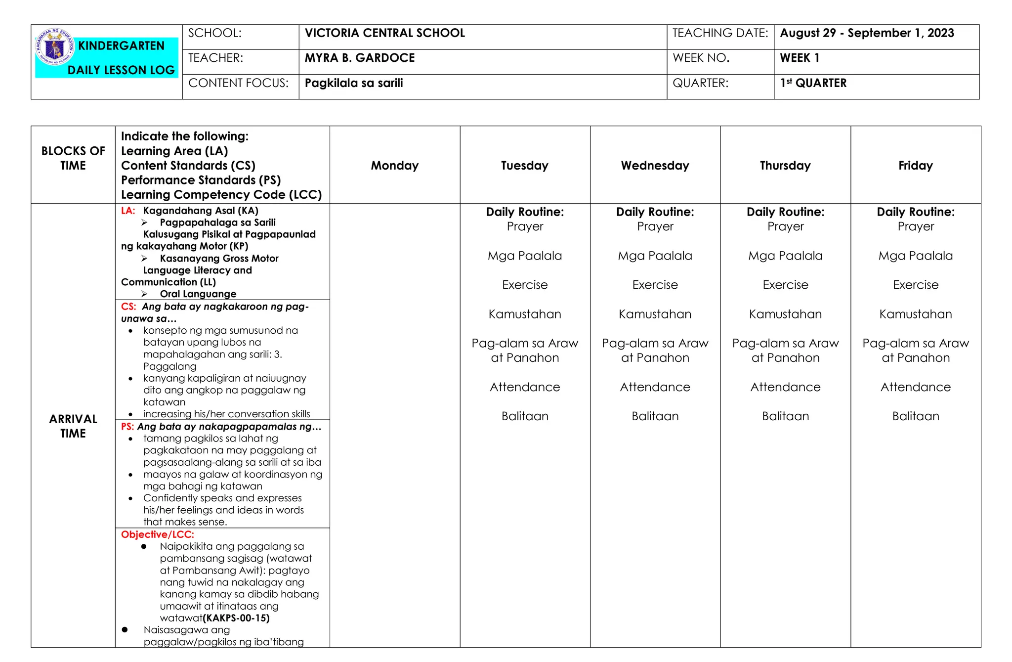Quarter 1 week 1 Lesson for kindergarten | PDF