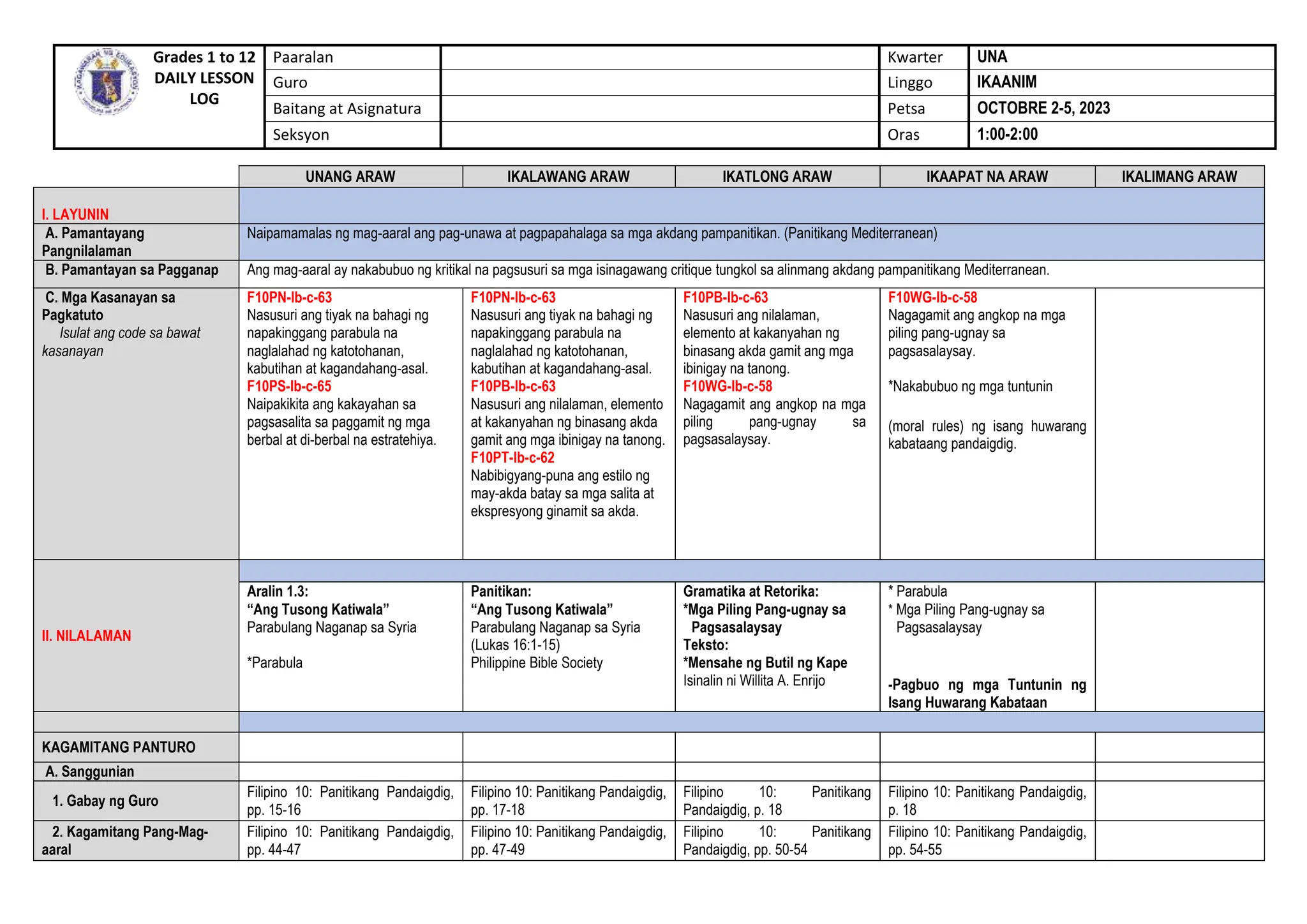 quarter 1 daily lesson log in filipino 10 | DOCX