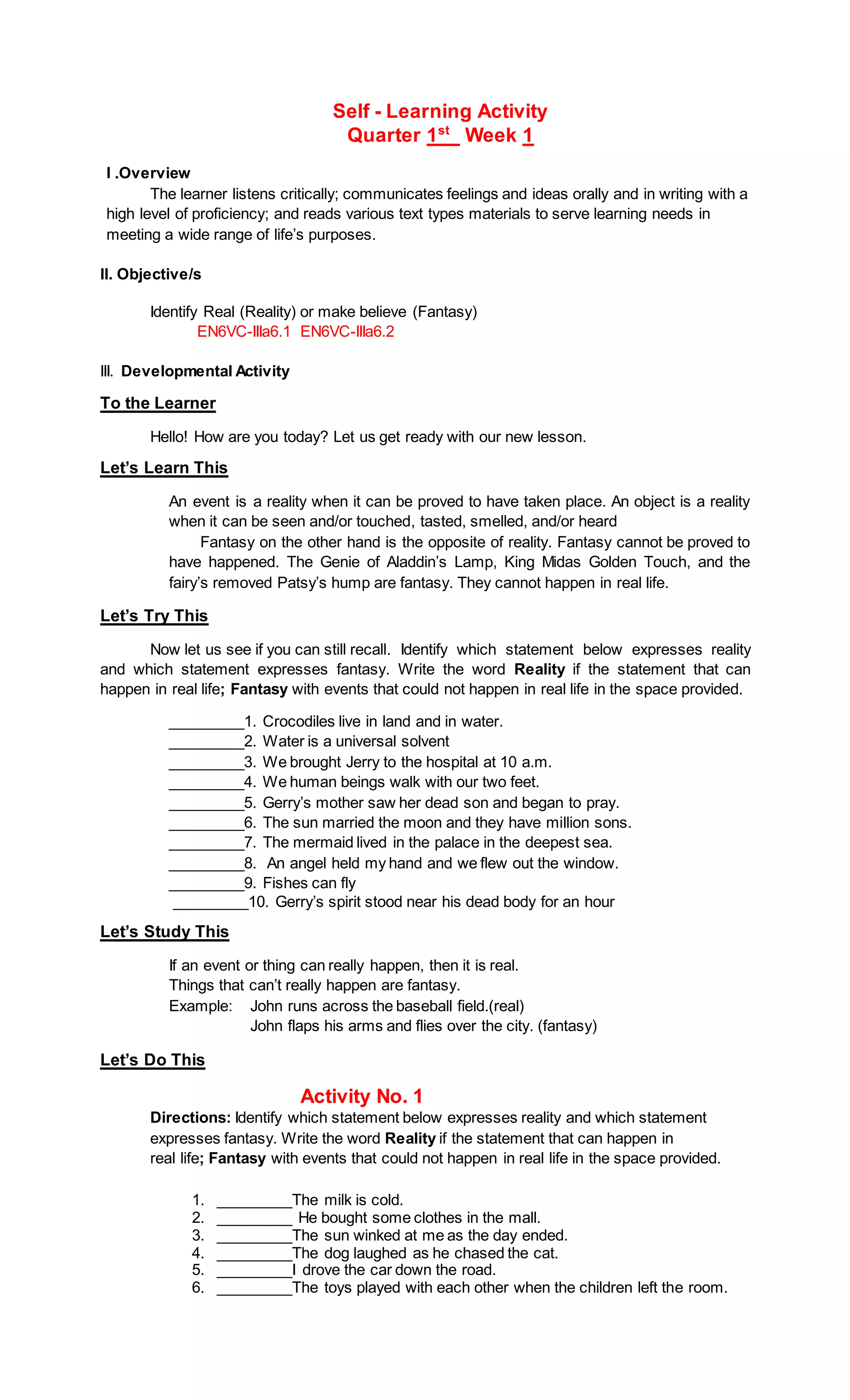Q1 wk 1 fantasy and reality | DOCX