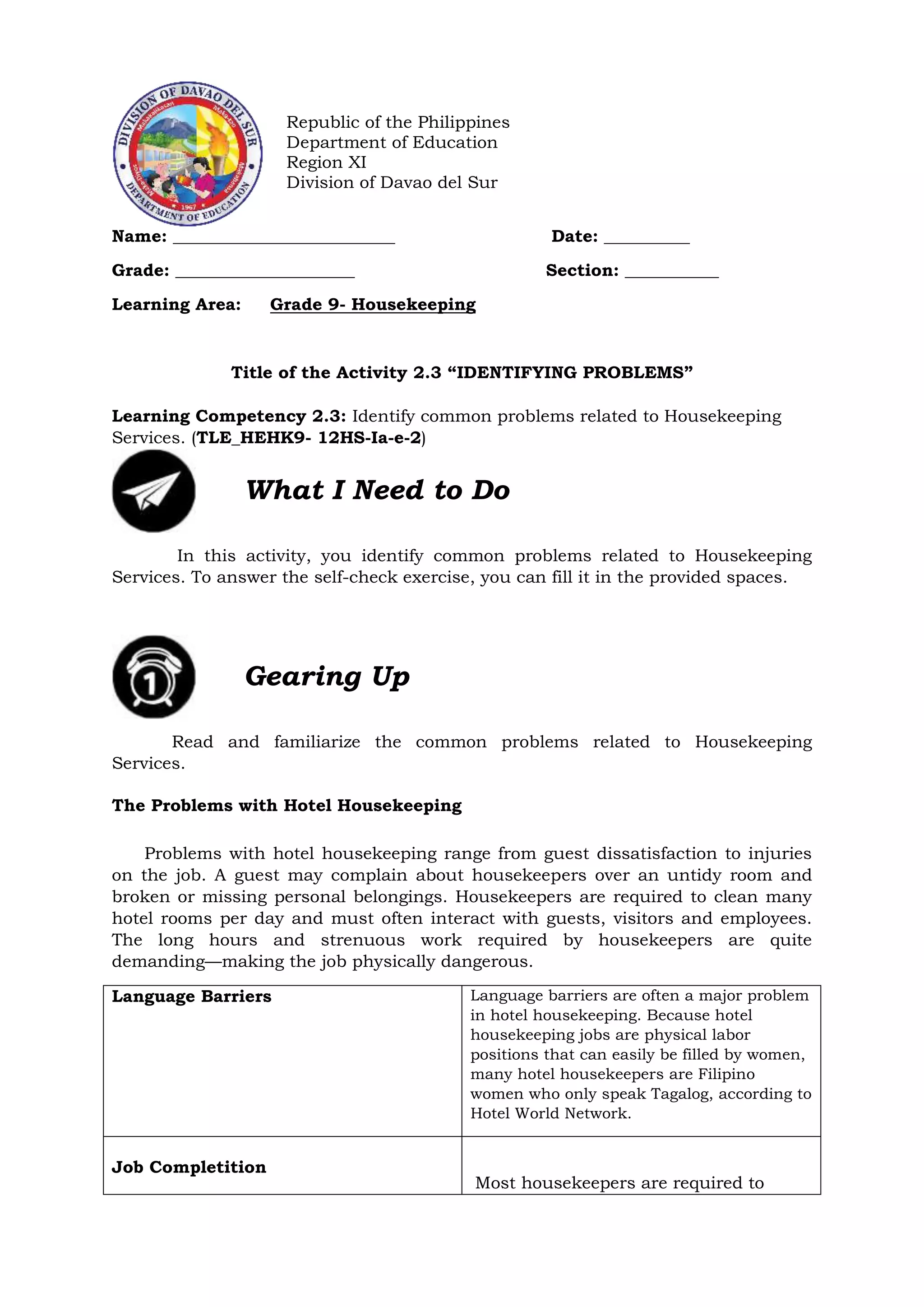 Q1 Wk 3 Activity Sheets- Housekeeping.docx | Hotels and Motels | Travel ...