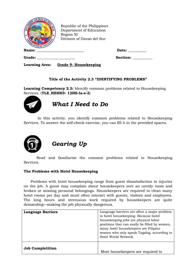 Q1 Wk 3 Activity Sheets- Housekeeping.docx | Hotels and Motels | Travel Type