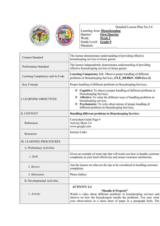 Q1 Wk3 DLP- Housekeeping.docx | Educational Assessment | Education