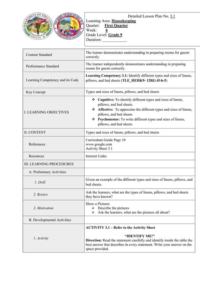Q1 Wk6 DLP- Housekeeping.docx | Educational Assessment | Education