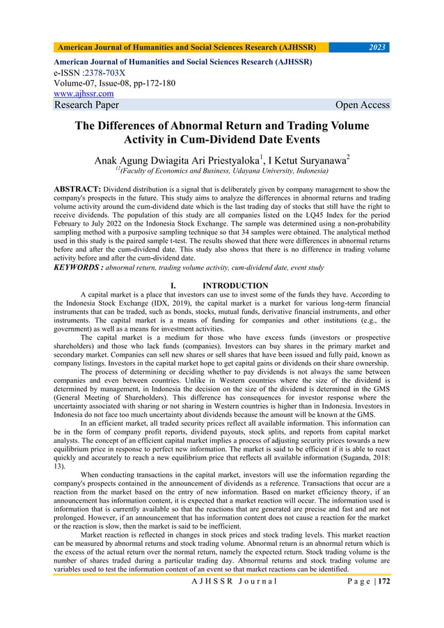 The Differences of Abnormal Return and Trading Volume Activity in Cum ...