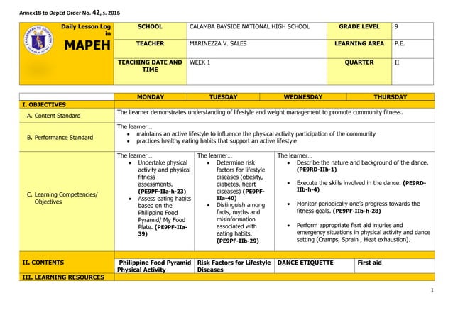 Q2 Grade 9 PE DLL Week 1.pdf | Education