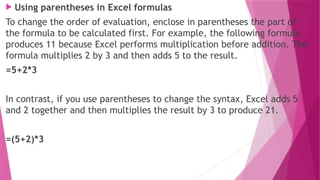 MS Excel Basic Formula and and its Functions | PPT