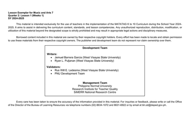 Q2_LE_Music and Arts 7_Lesson 1_Week 1. lesson exemplar | PDF