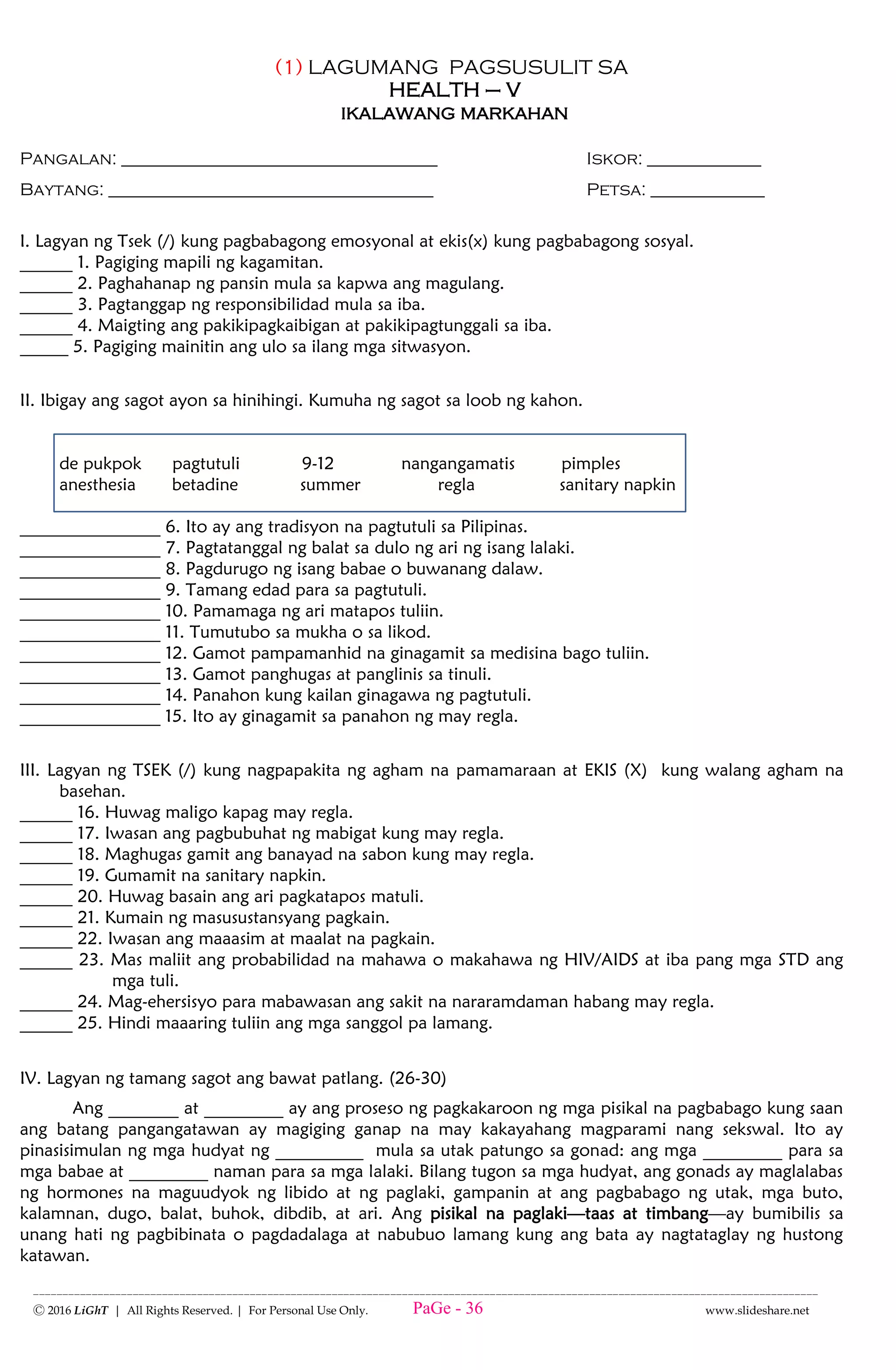 K TO 12 GRADE 5 IKALAWANG LAGUMANG PAGSUSULIT | PDF