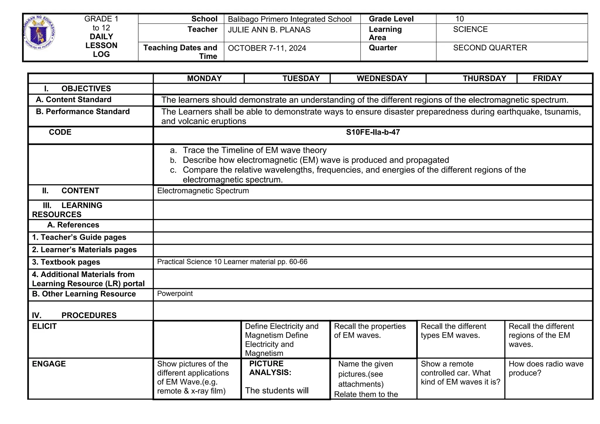 Q2WEEK1.docx science10 lesson plan electromagnetic | DOCX