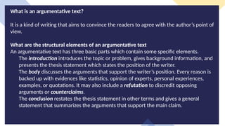 KEY STRUCTURAL ELEMENTS AND LANGUAGE FEATURES OF AN ARGUMENTATIVE TEXT ...