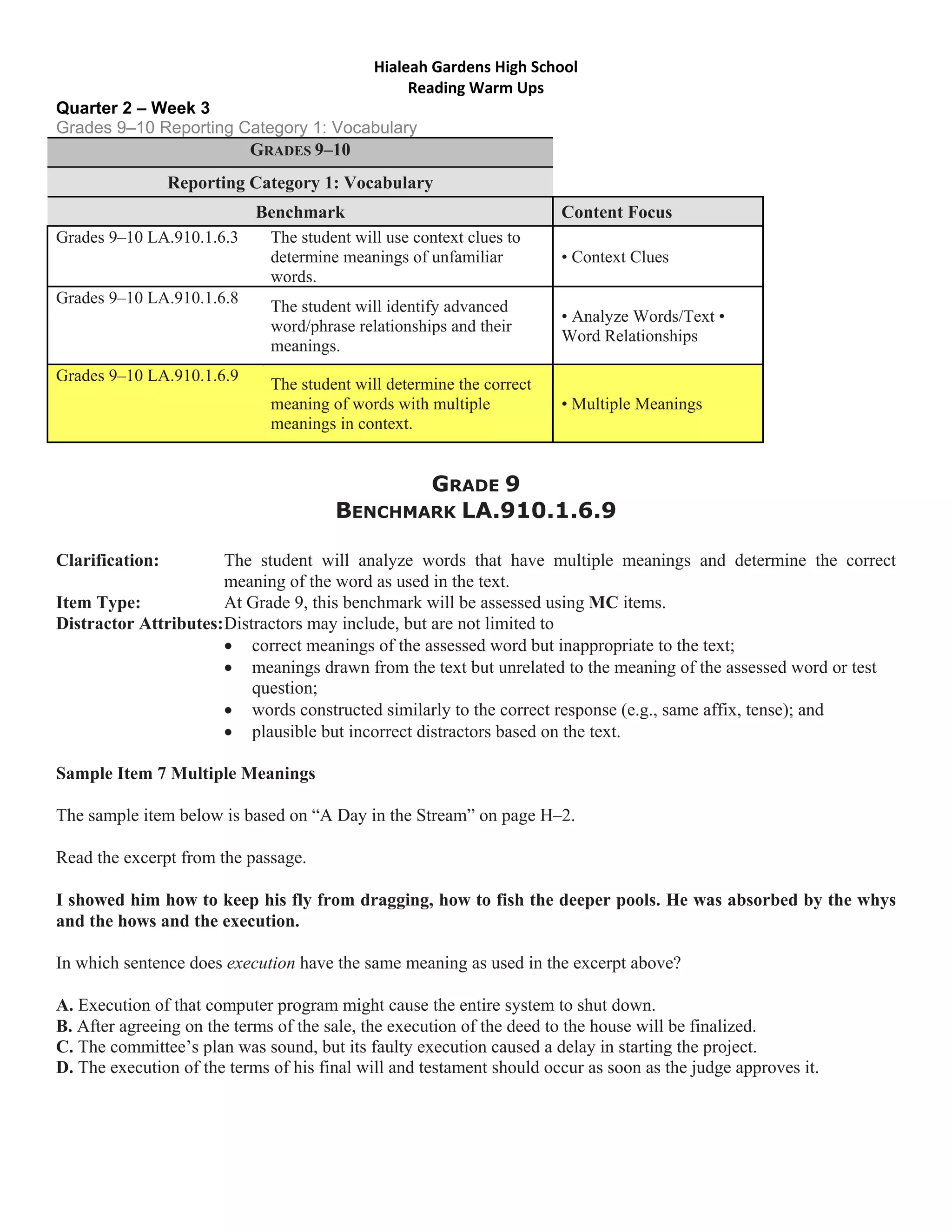 Q2 Week 3 Vocabulary LA.910.1.6.9 | PDF