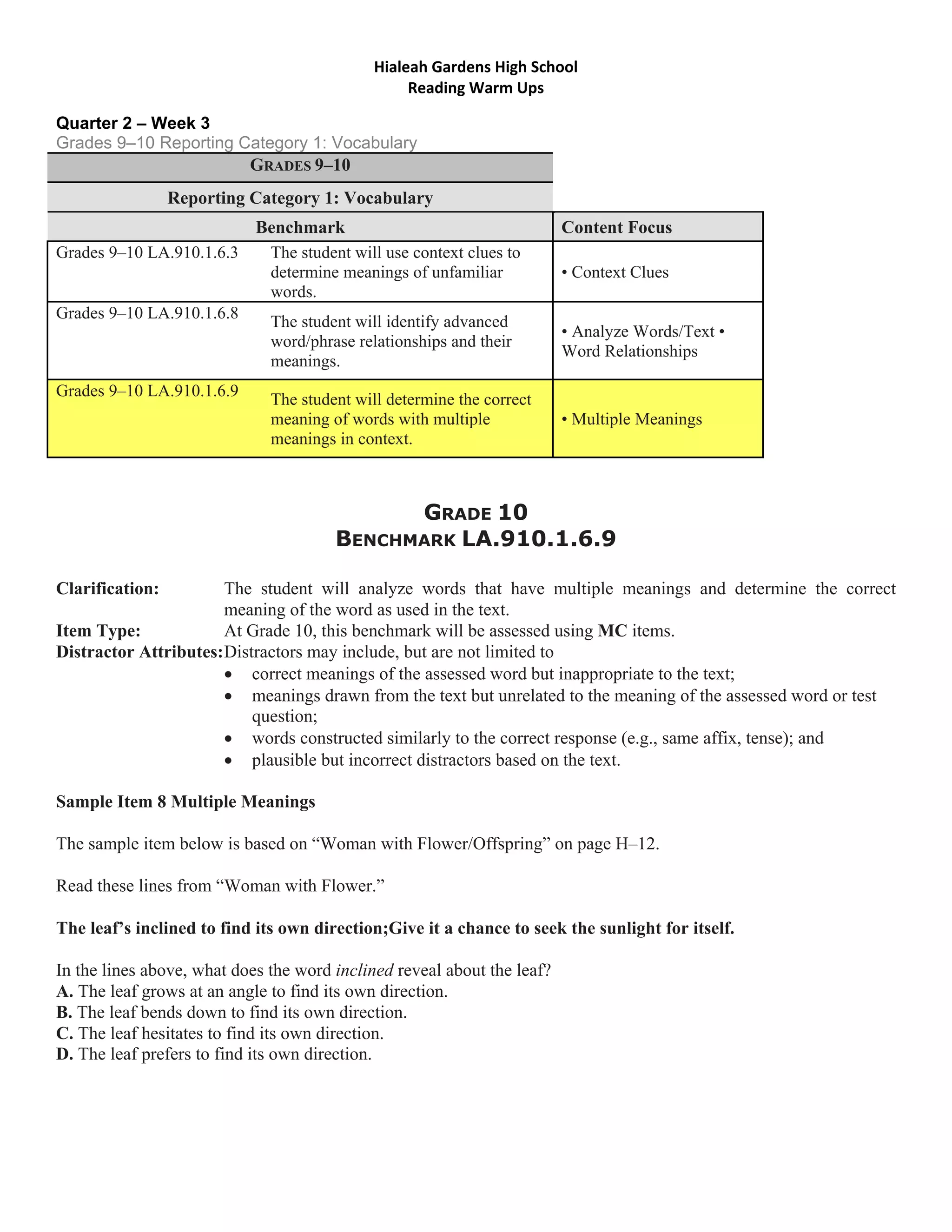 Q2 Week 3 Vocabulary LA.910.1.6.9 | PDF