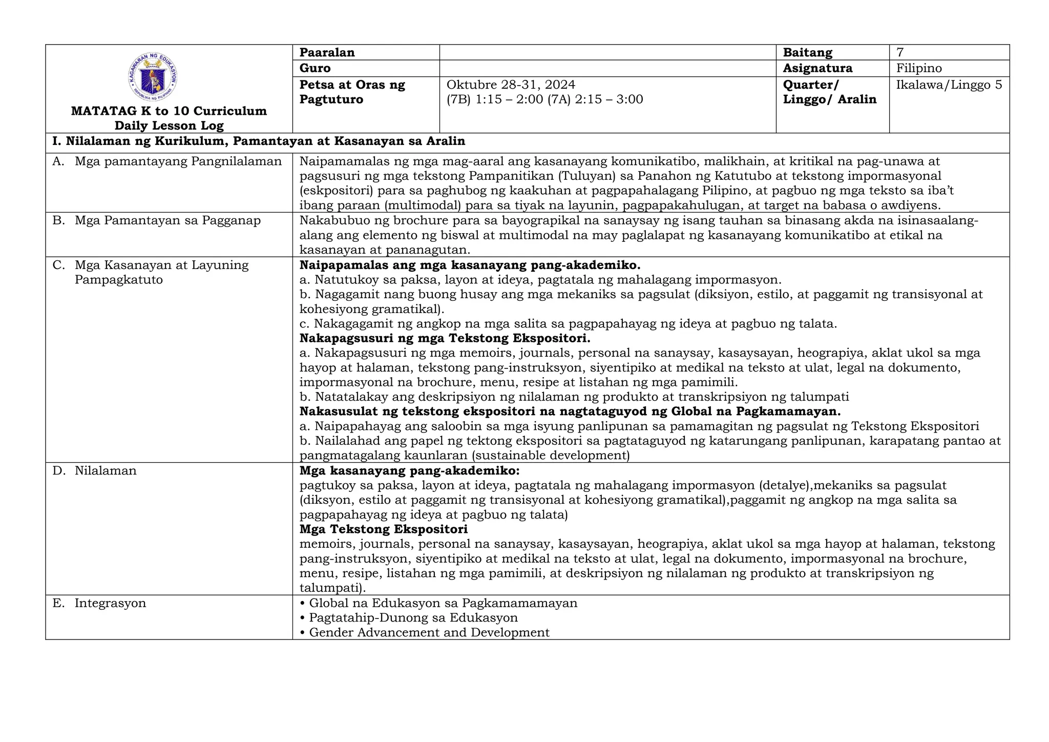 Ikalawang Markahan sa Filipino 7-MATATAG | DOCX