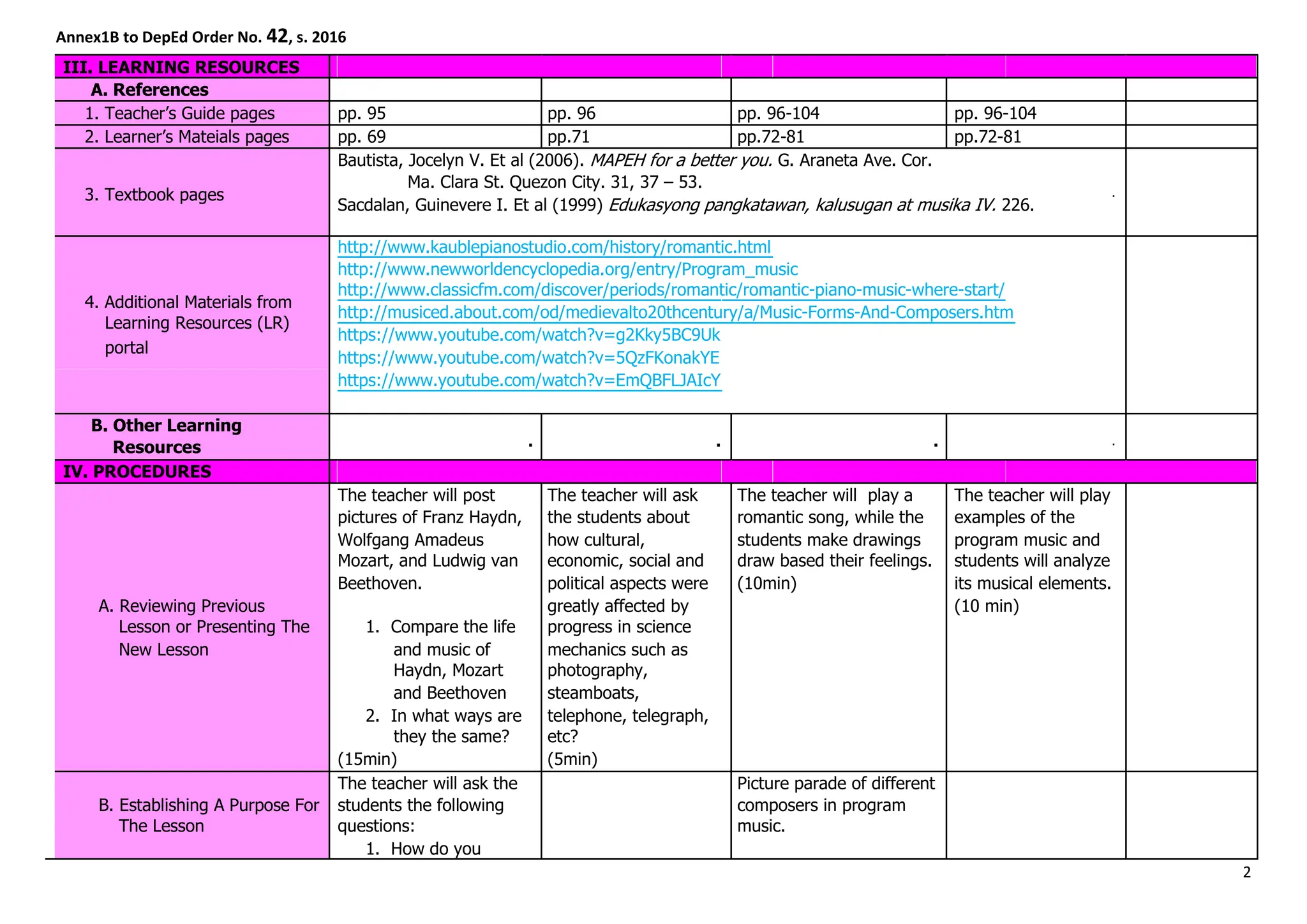 lesson plan in music 7/activities sdbsdn | DOCX