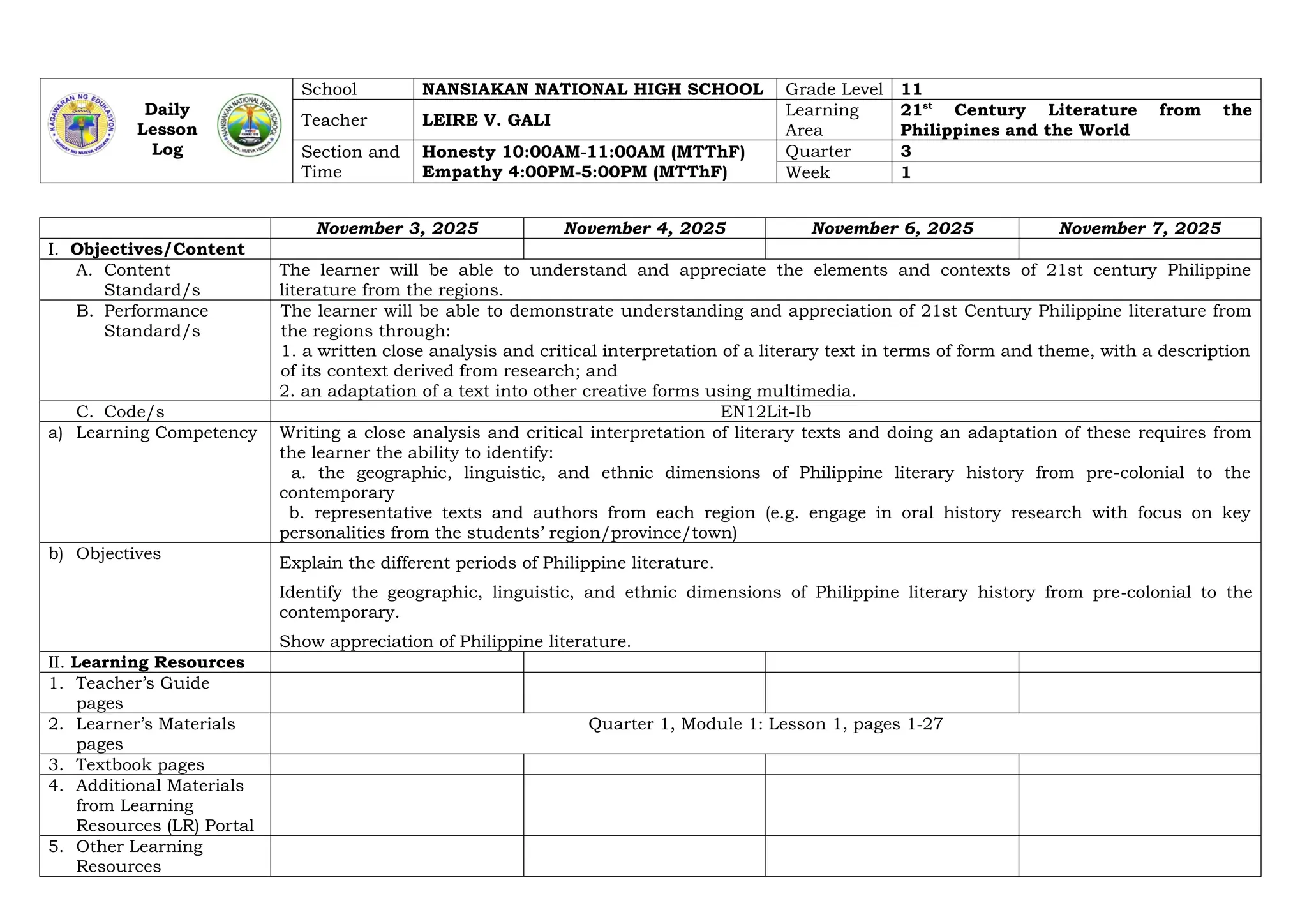 Q3 DLL-21st Century Literature-November 3-7, 2025 to 2026.docx