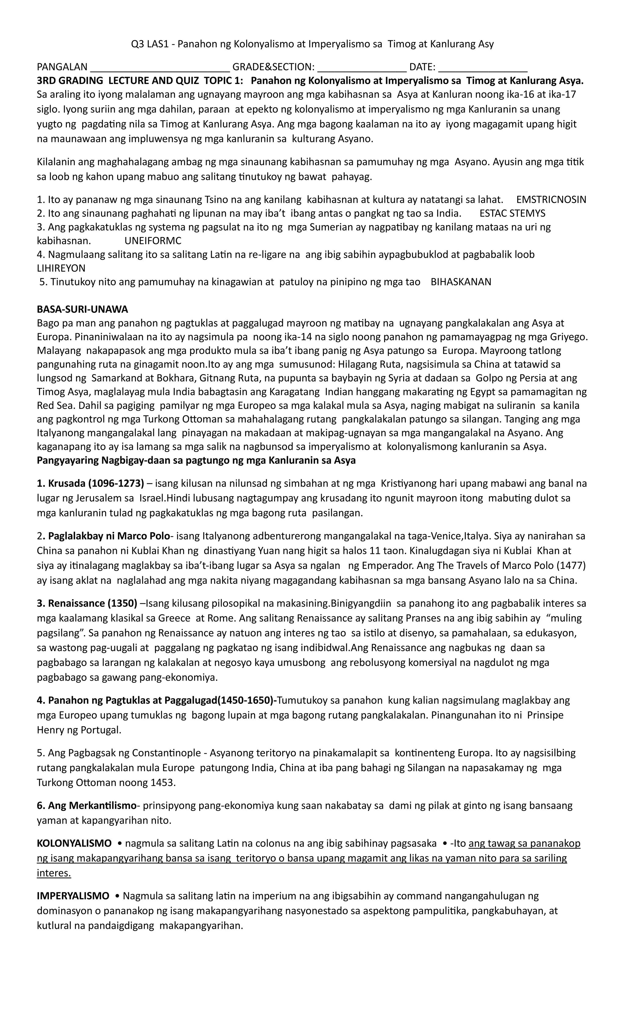 Q3 LAS1 Panahon ng Kolonyalismo at Imperyalismo sa Timog at Kanlurang ...