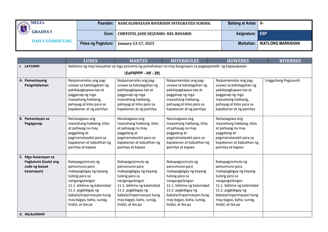 Q3_W6 DAILY LESSON LOG EDUKASYON SA PAGPAPAKATAO 5 | PPT