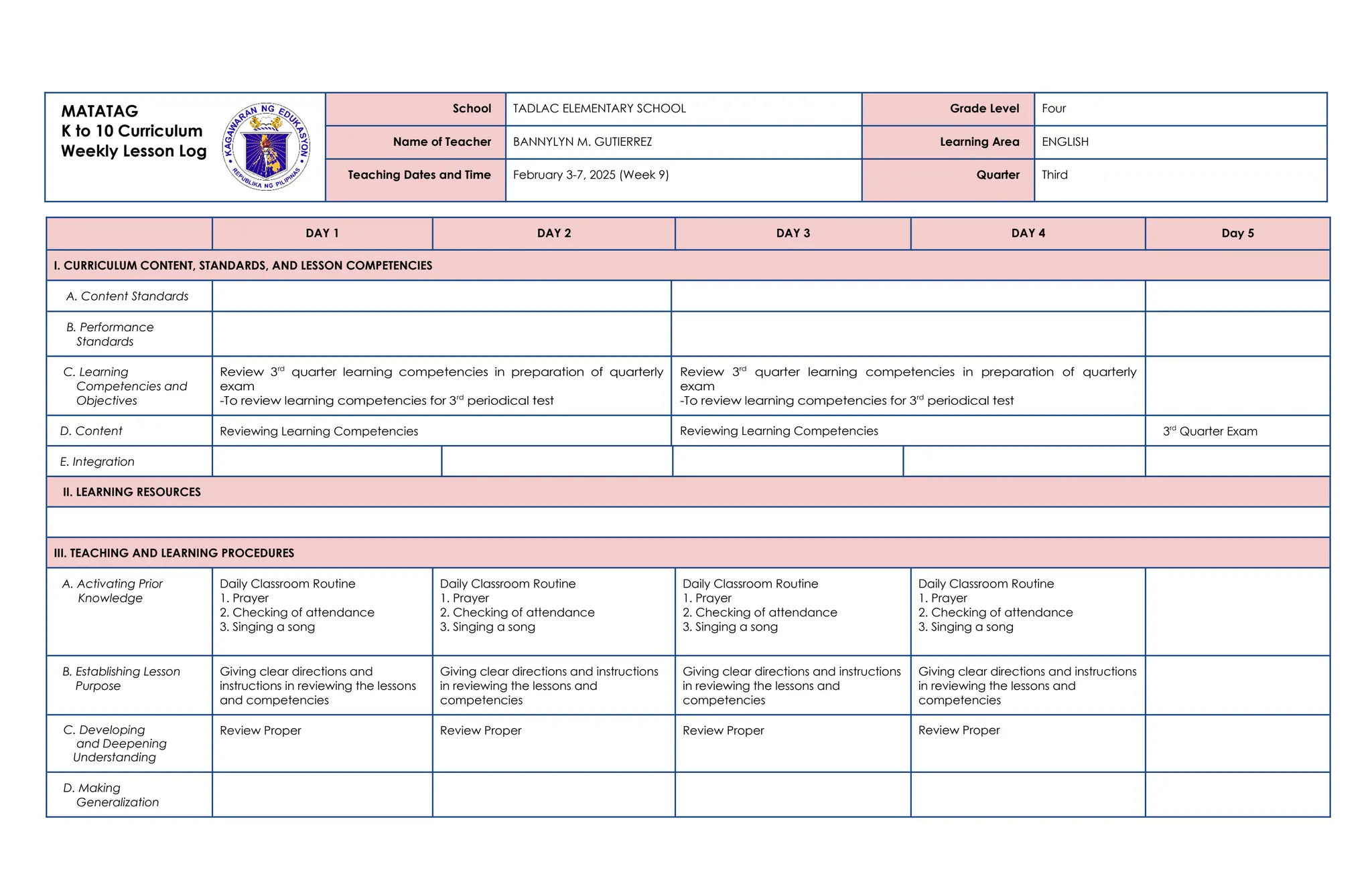 Q3_W9_ENGLISH4_LE_MATATAG daily lesson log for 3rd quarter for week 9 ...