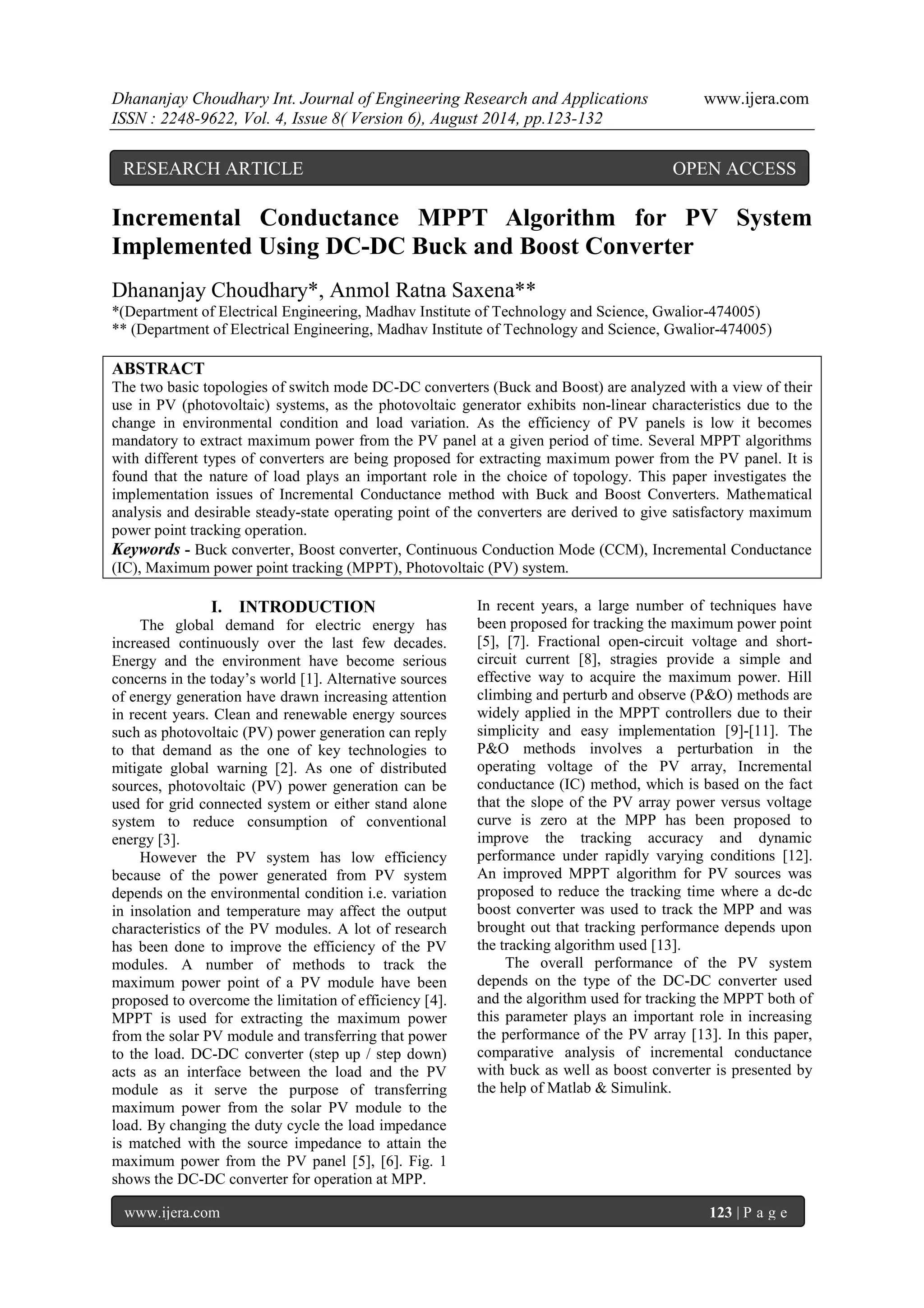 Incremental Conductance MPPT Algorithm for PV System Implemented Using DC-DC Buck and Boost ...