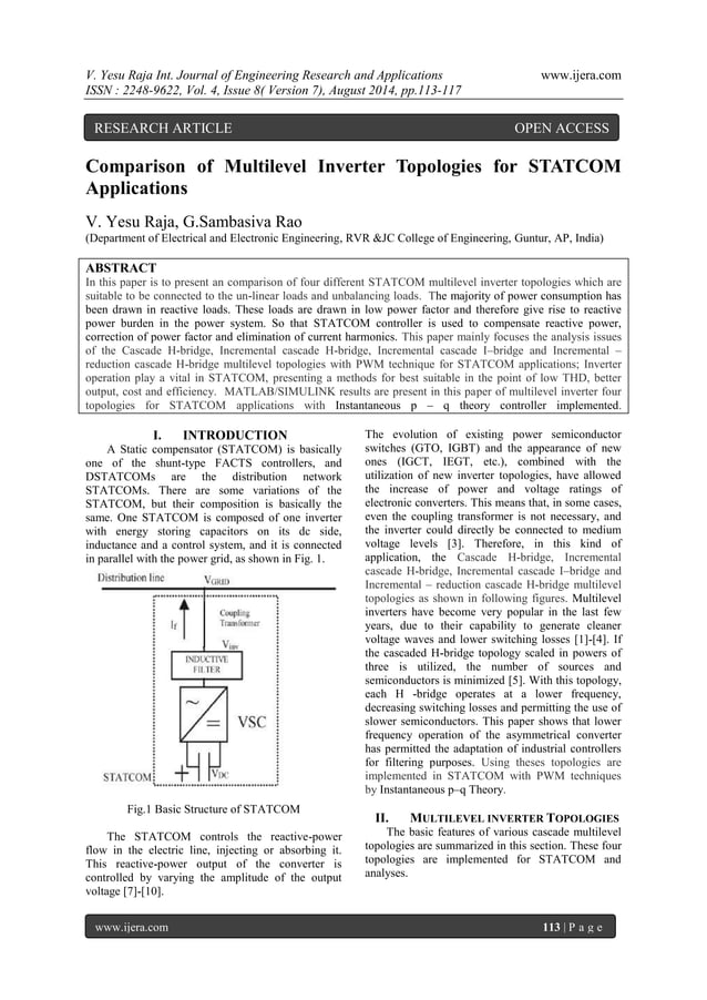 Comparison of Multilevel Inverter Topologies for STATCOM Applications | PDF