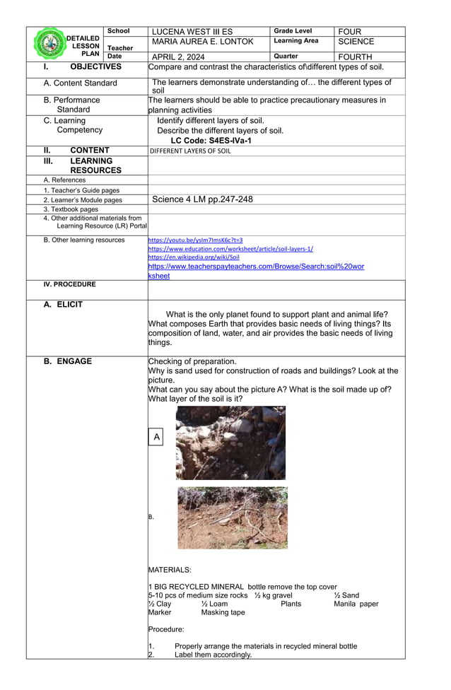 LESSON PLAN IN SCIENCE GRADE 4 WEEK 1 DAY 2 | DOCX | Geology | Science