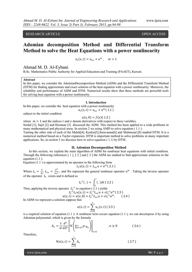Adomian decomposition Method and Differential Transform Method to solve the Heat Equations with ...