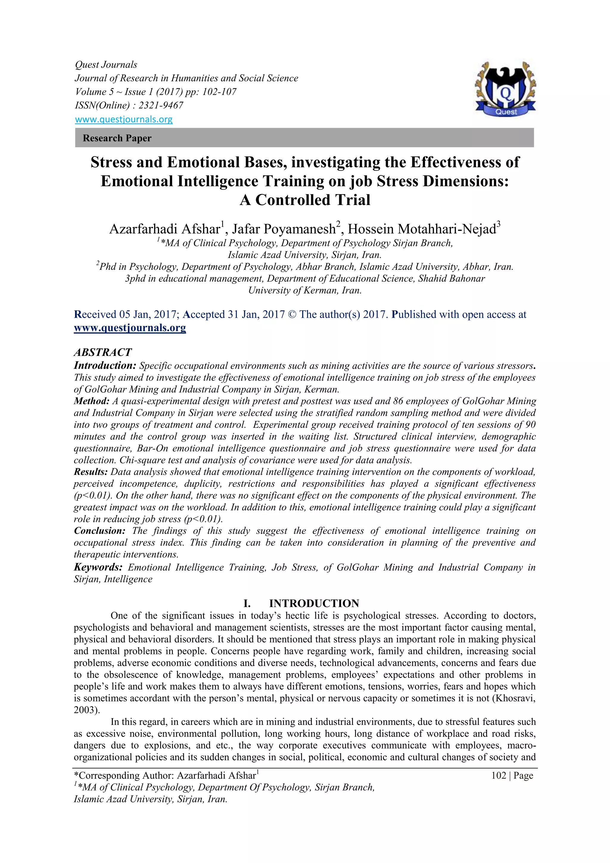 Stress and Emotional Bases, investigating the Effectiveness of Emotional Intelligence Training ...