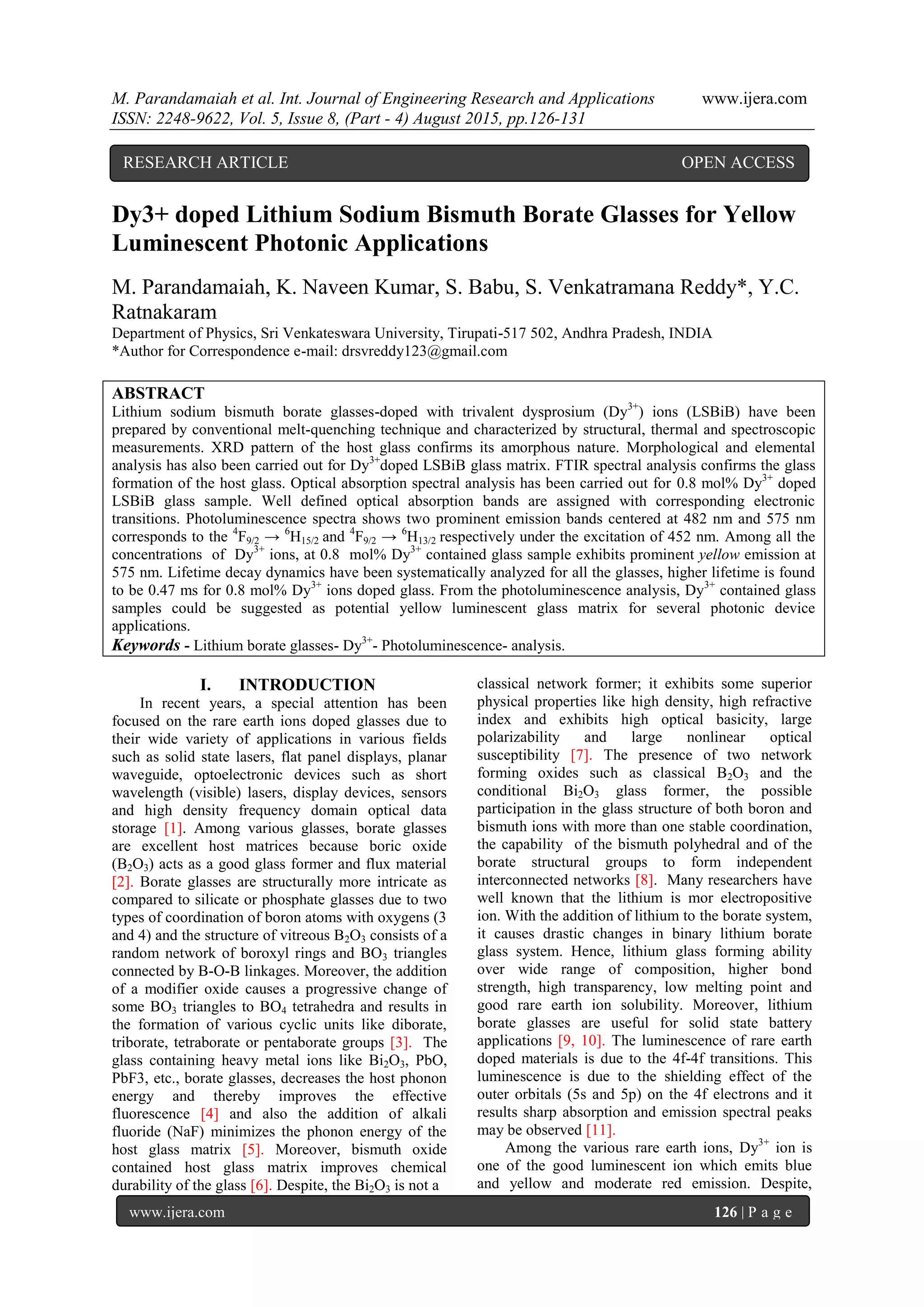 Dy3+ doped Lithium Sodium Bismuth Borate Glasses for Yellow Luminescent ...