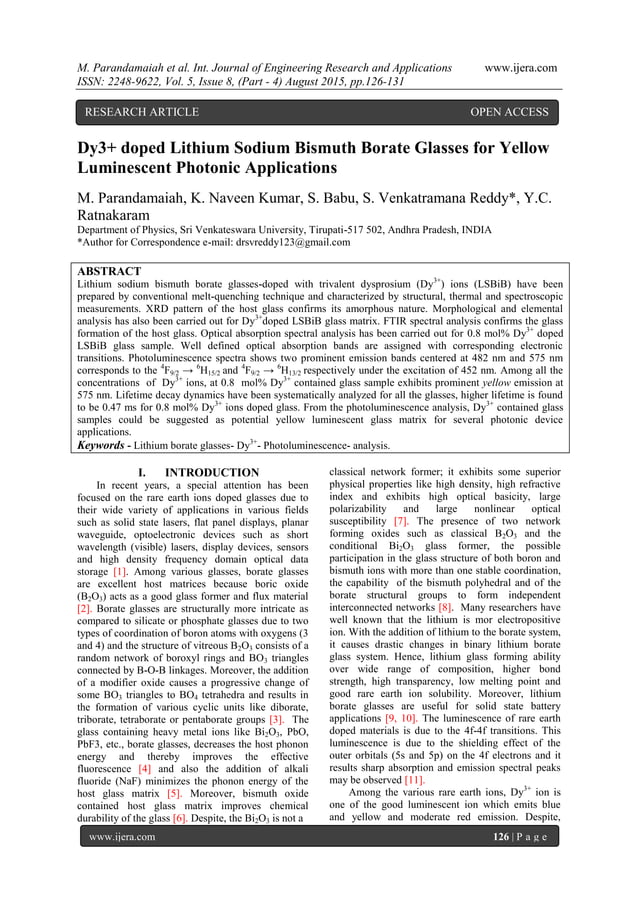 Dy3+ doped Lithium Sodium Bismuth Borate Glasses for Yellow Luminescent Photonic Applications | PDF