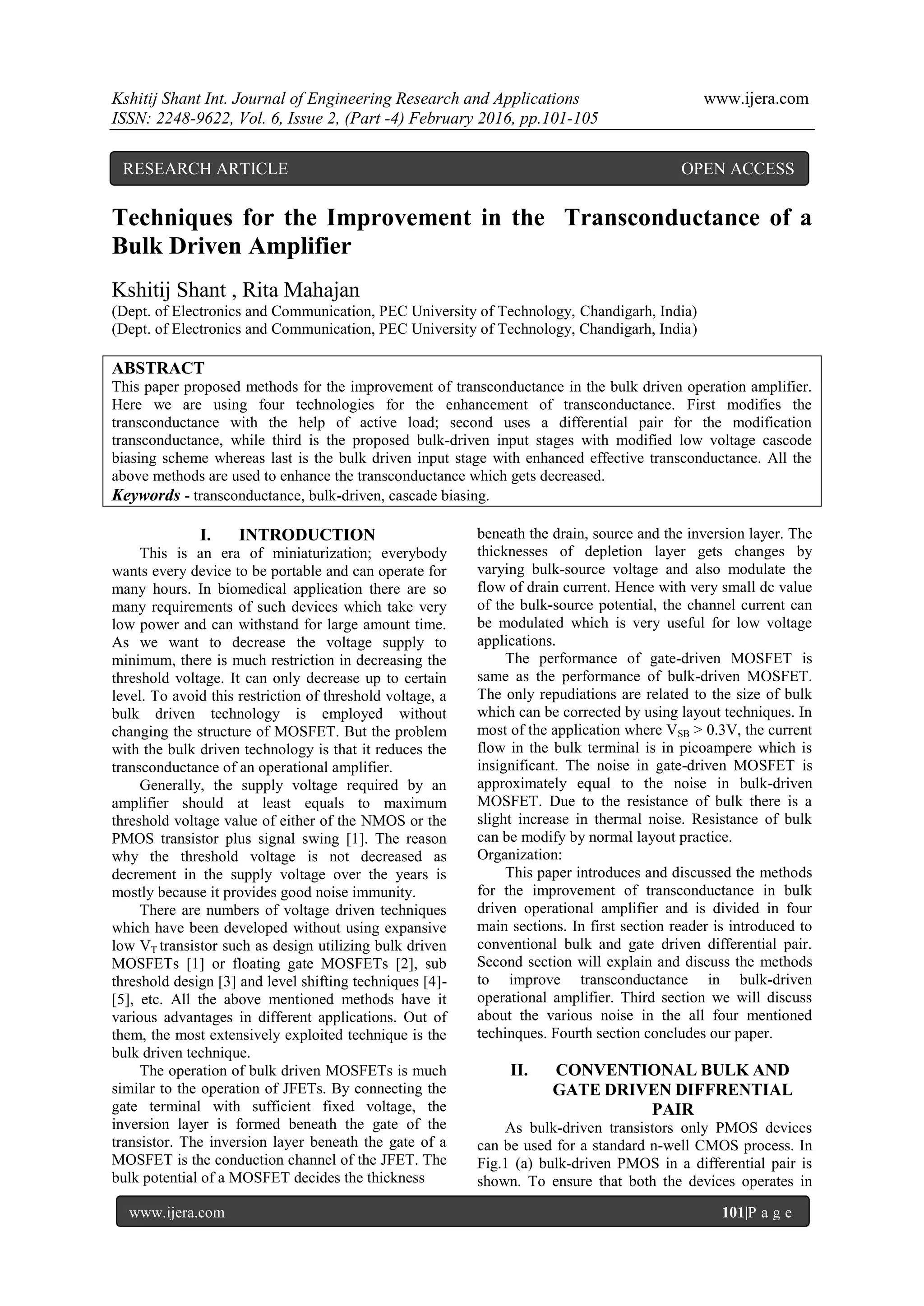 Techniques for the Improvement in the Transconductance of a Bulk Driven Amplifier | PDF