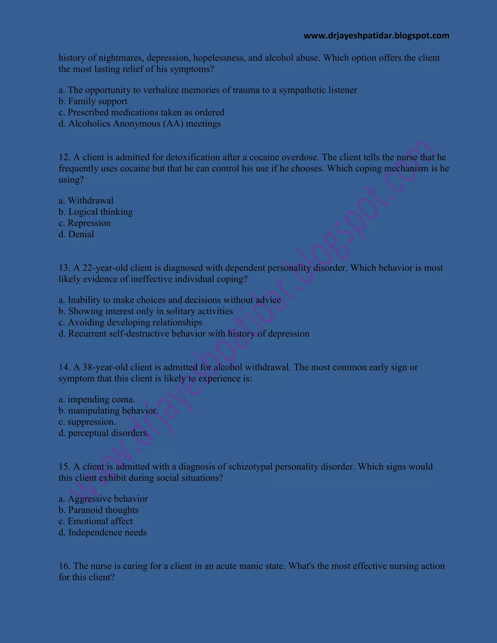 Mental health nursing practice test 6 | PDF