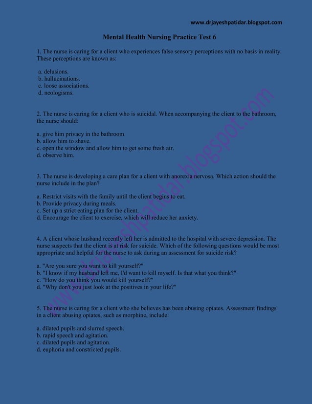 Mental health nursing practice test 6 | PDF | Mental Health | Diseases ...