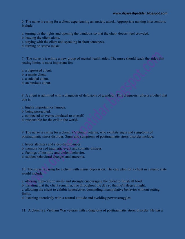 Mental health nursing practice test 6 | PDF | Mental Health | Diseases ...