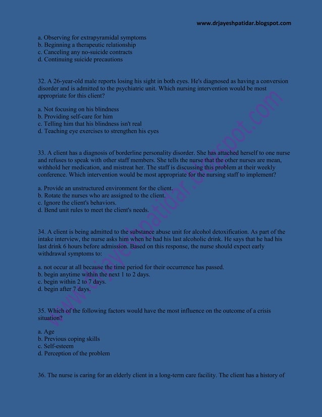 Mental health nursing practice test 6 | PDF | Mental Health | Diseases ...