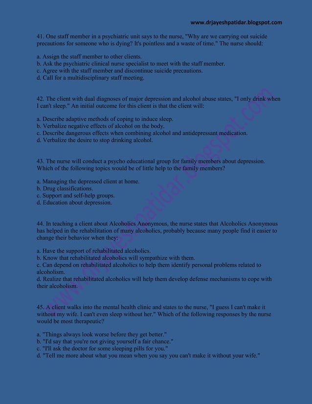 Mental health nursing practice test 6 | PDF | Mental Health | Diseases ...