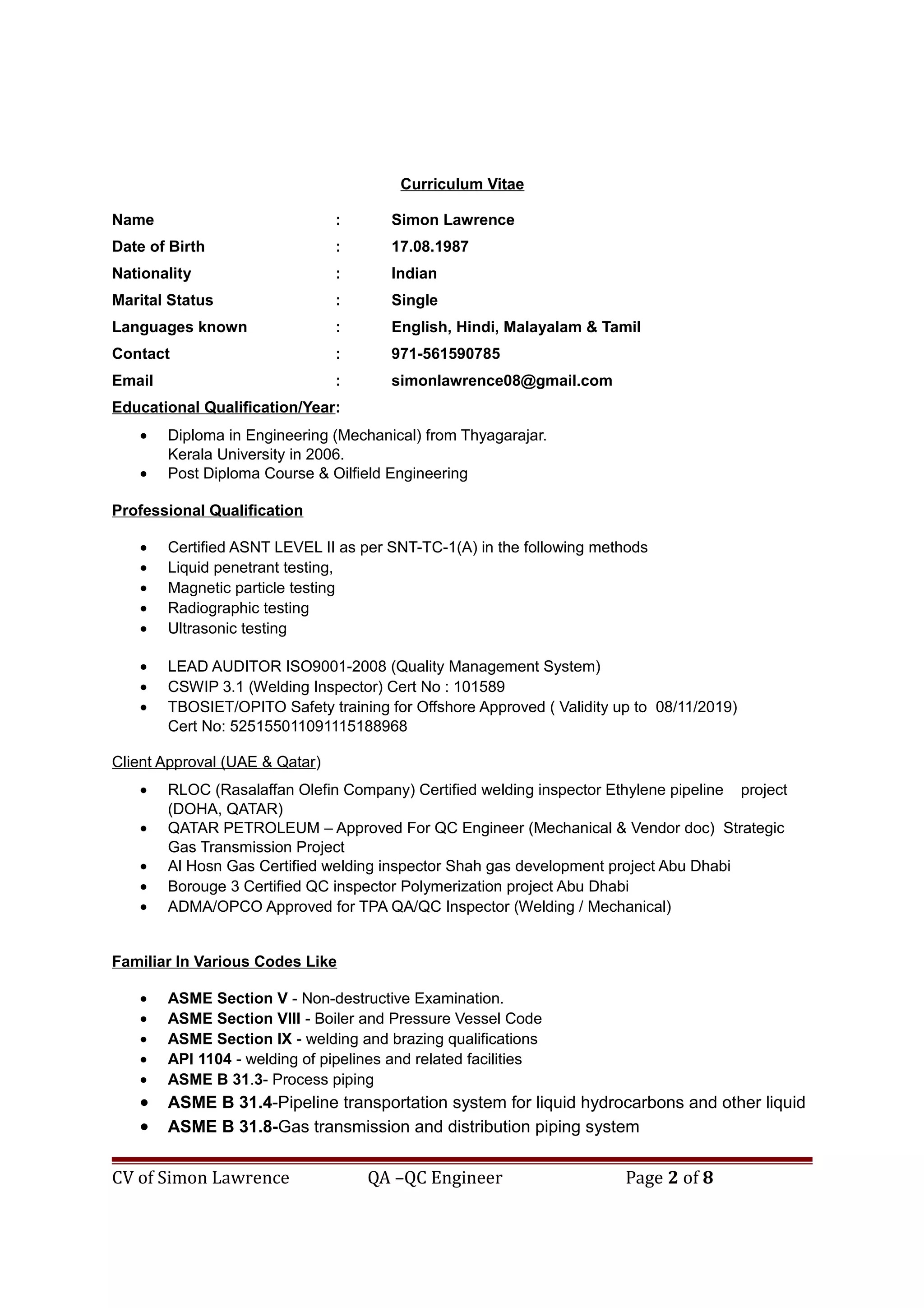 QA/QC Engineer - simon lawrence | PDF