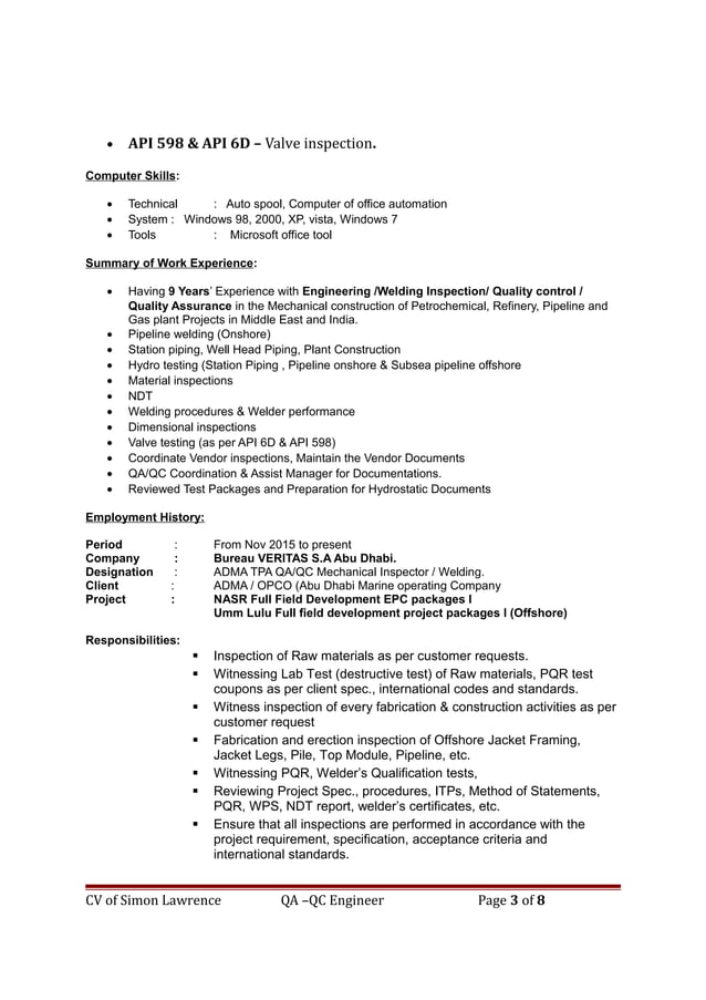 QA/QC Engineer - simon lawrence | PDF