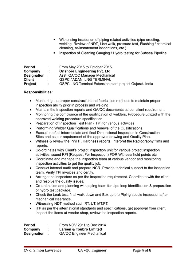 QA/QC Engineer - simon lawrence | PDF