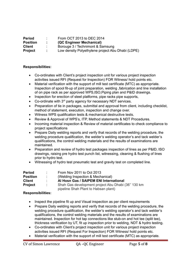 QA/QC Engineer - simon lawrence | PDF