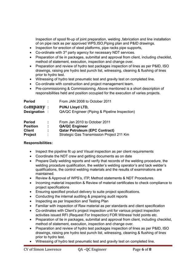 QA/QC Engineer - simon lawrence | PDF