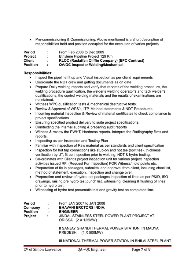 QA/QC Engineer - simon lawrence | PDF