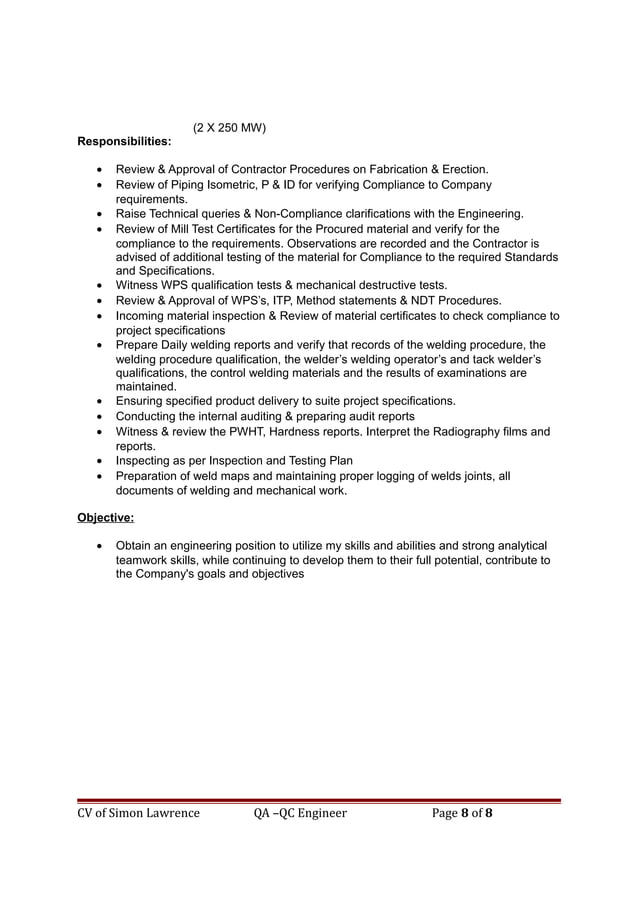 QA/QC Engineer - simon lawrence | PDF