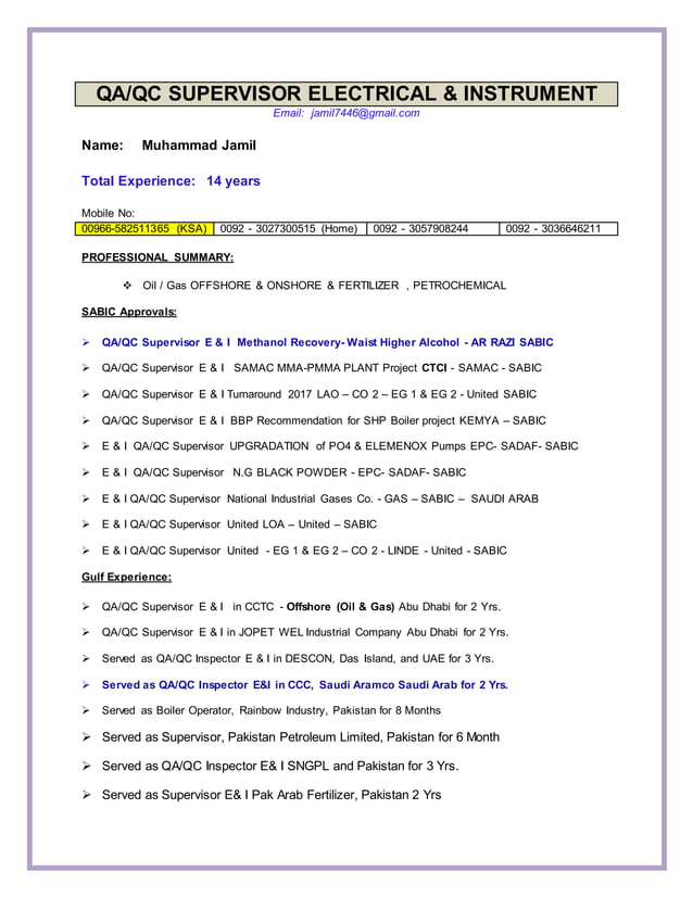 QA/AC SUPERVISOR ELECTRICAL & INSTRUMENT | DOCX